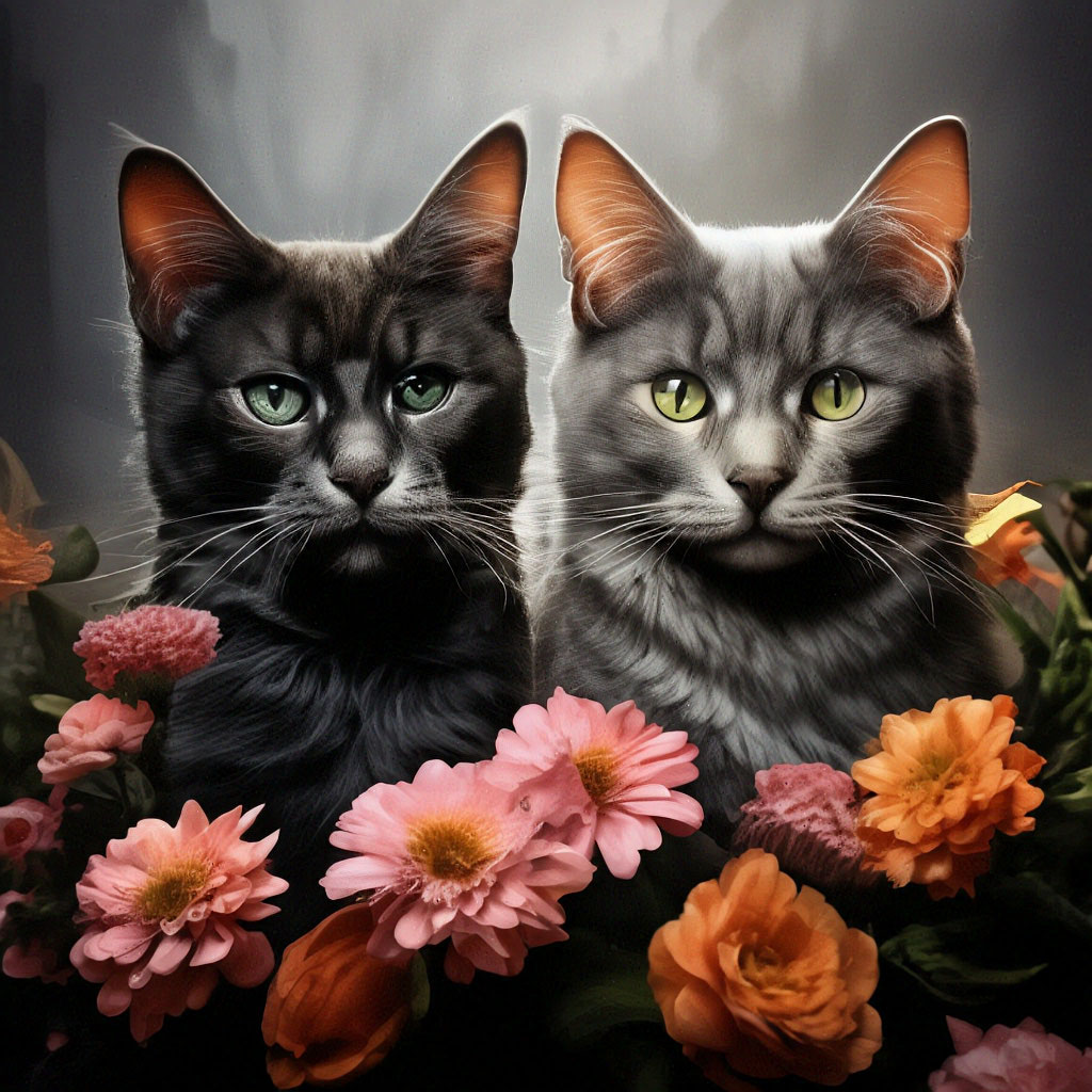 "A sketch with gray soot, 2 cats with flowers, a caricature" — image ...
