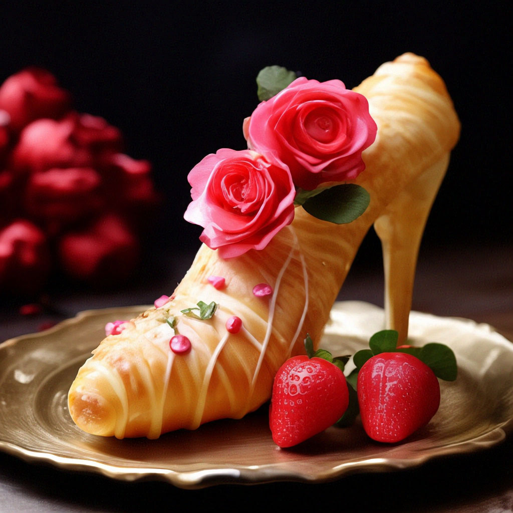 "A sophisticated croissant in the shape of a shoe with a thin heel ...