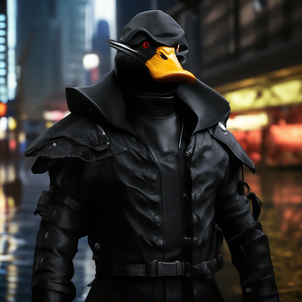 "Duck black cape cyberpunk" — image created in Shedevrum