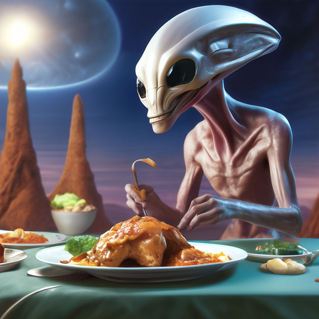 "The alien is eating chicken on earth with sauce" — image created in ...