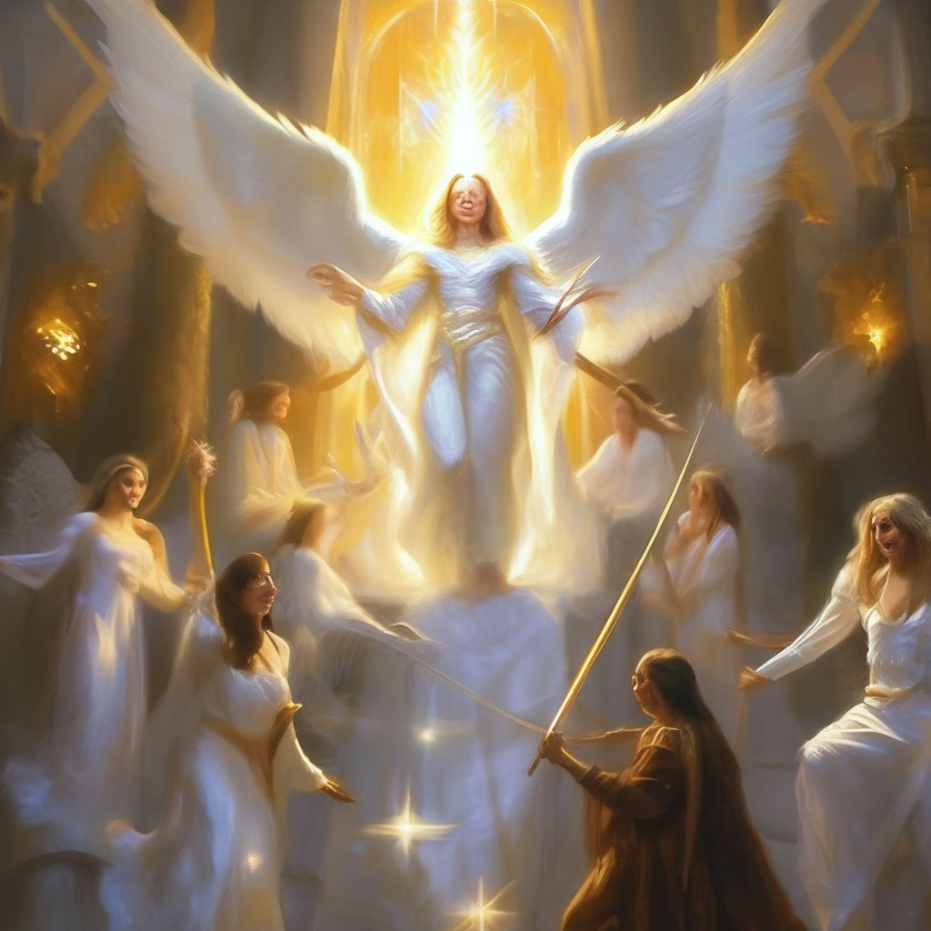 "Angels bringing light to humanity" — image created in Shedevrum