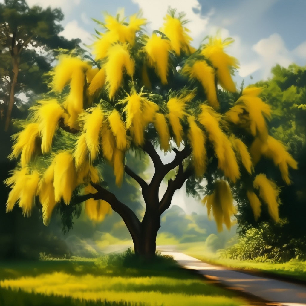 "A large flowering mimosa tree in the early morning" — image created in ...