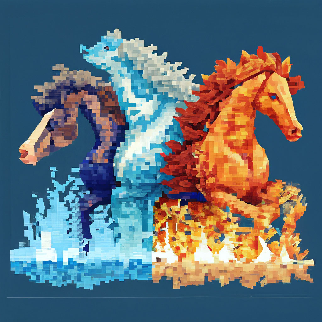 "Horses of all elements: water, earth, fire and wind." — image created ...