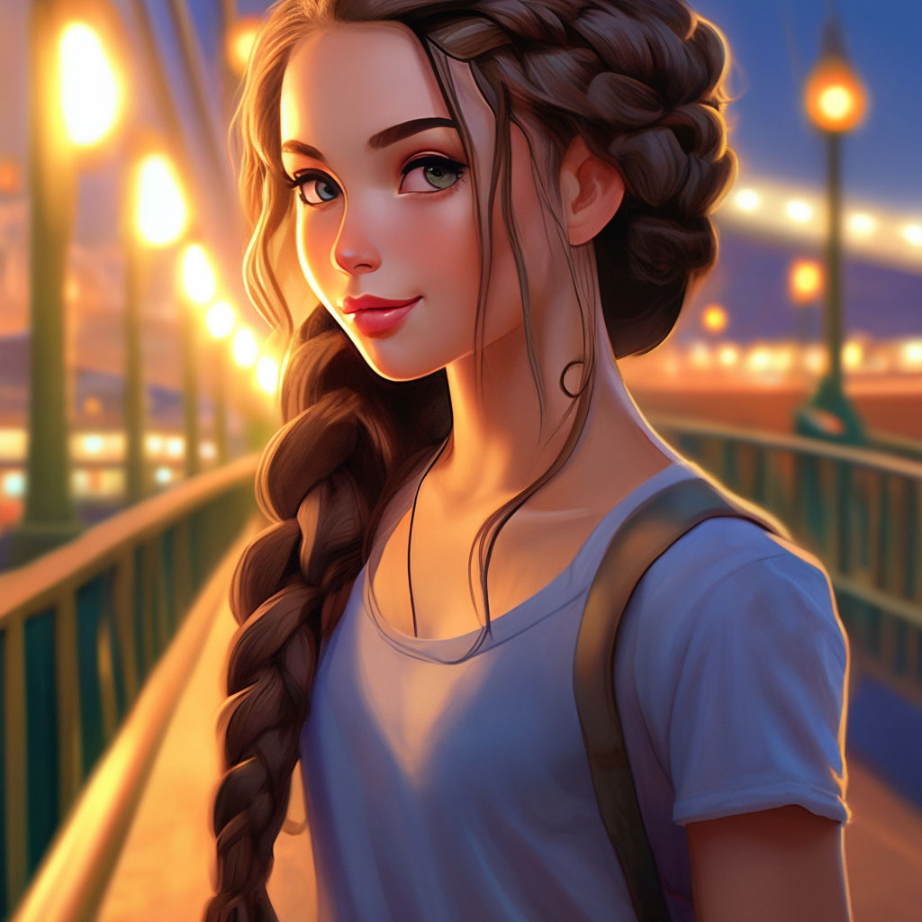 "A cute girl with a very lush braid and brown hair walks along the ...