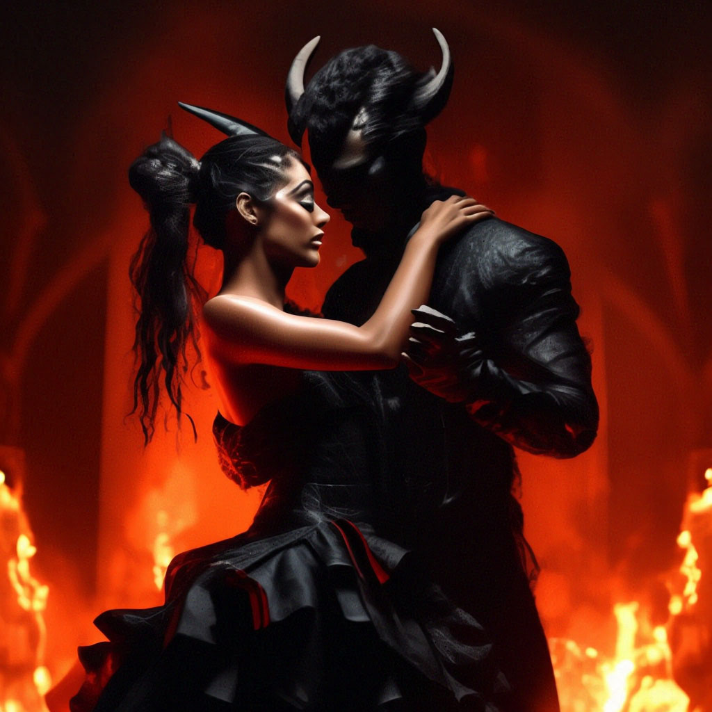 "A demon man and a demon woman dancing in hell" — image created in ...