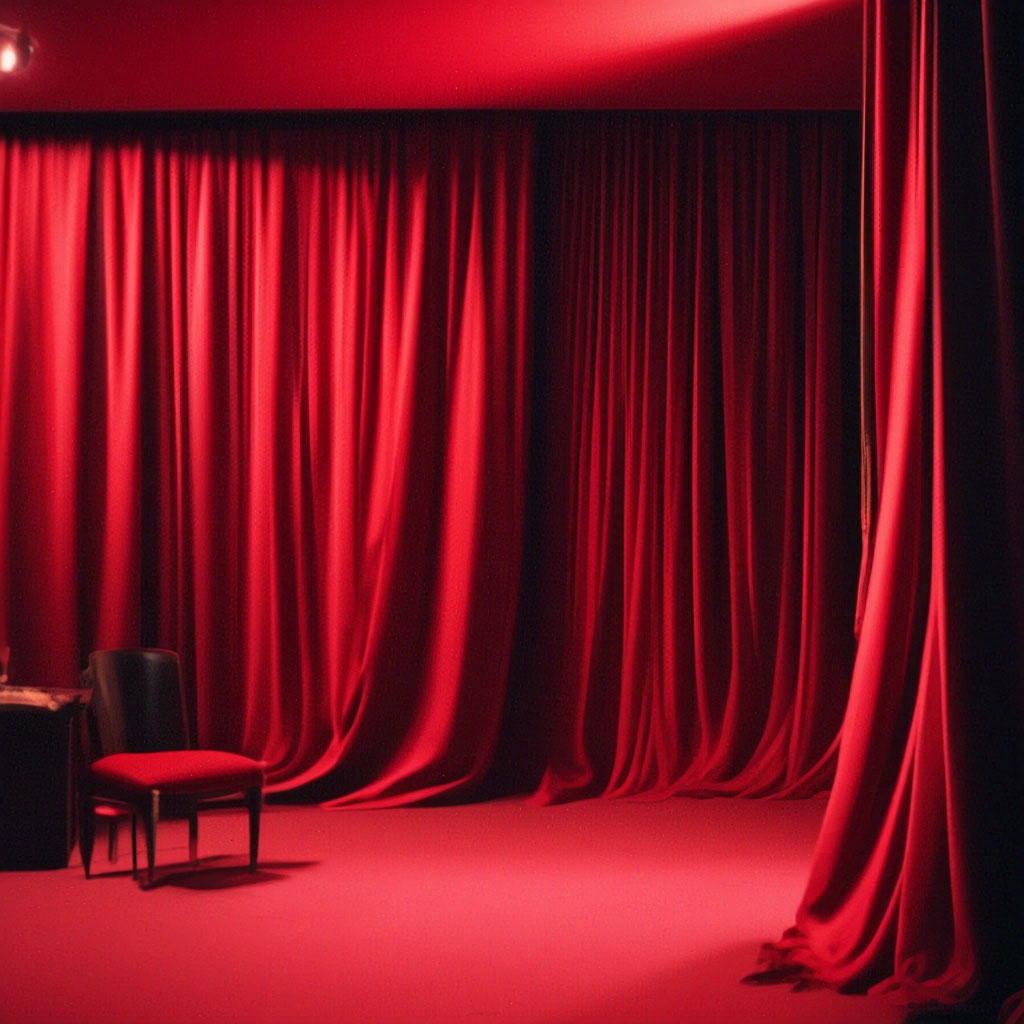 "Bright light in the night, a stranger in a red room with curtains ...