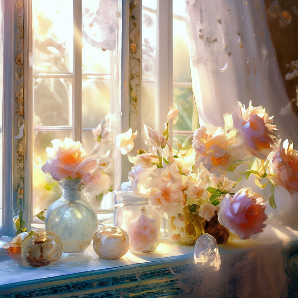". Shabby chic style, transparent tulle on the windows, light botanical ...