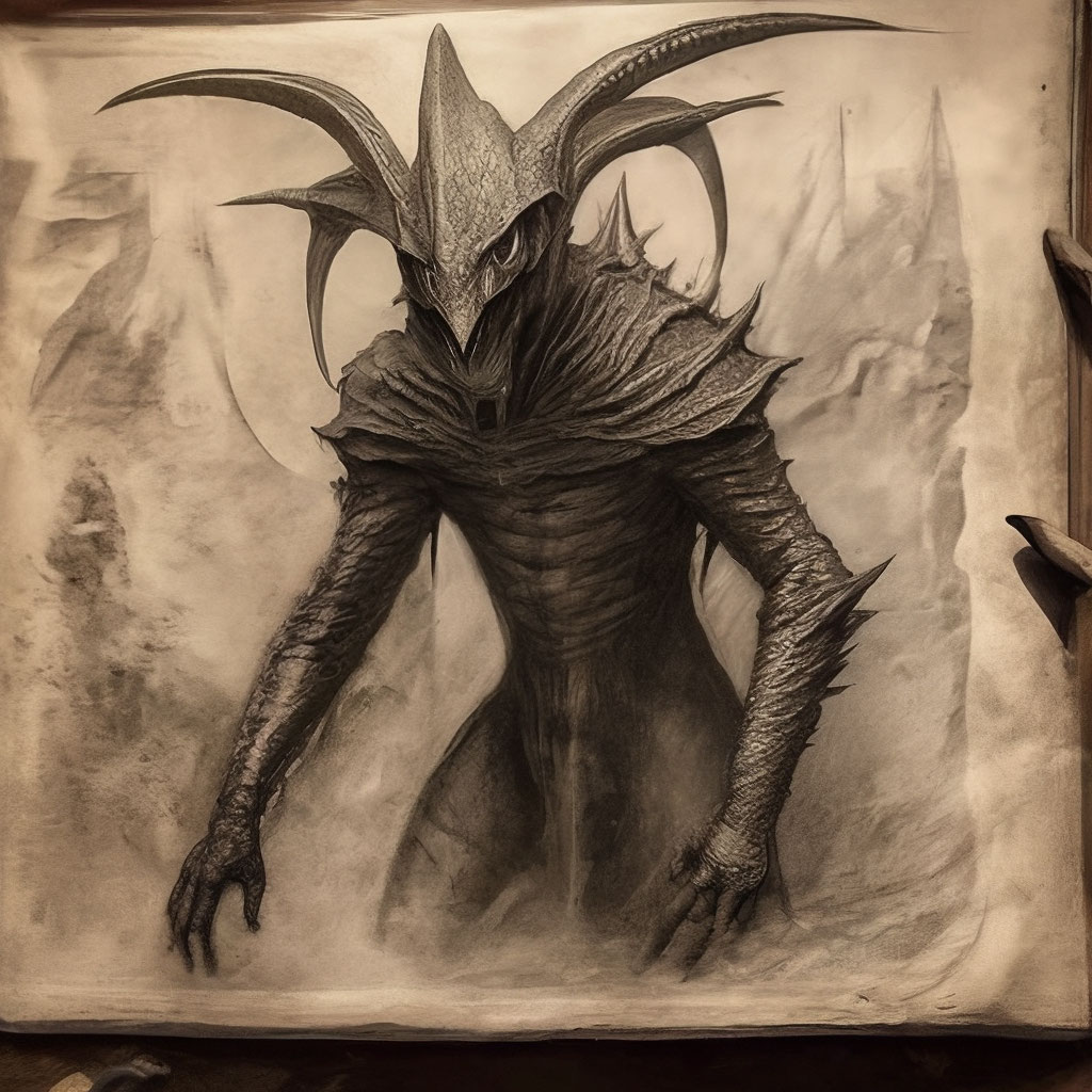 "Medieval drawing on parchment of a humanoid monster chelicerae ...