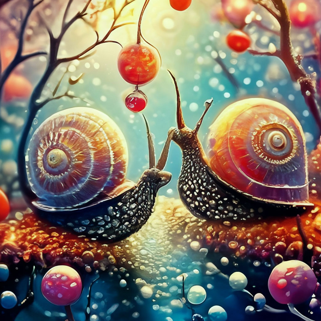 "Witch tales. A magical illustration.Magic and love.Two snails in a ...