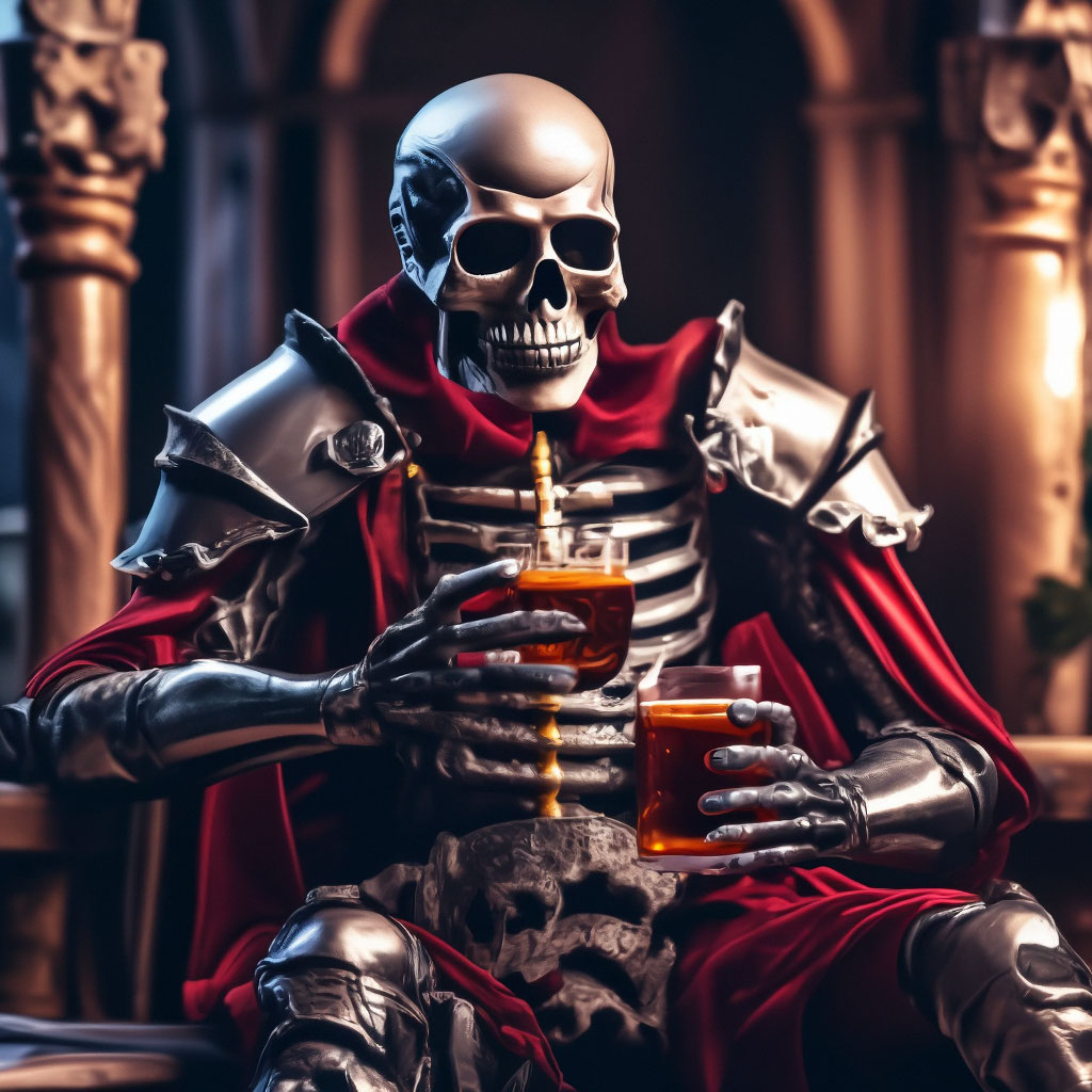 "4k, a skeleton in armor drinking rum" — image created in Shedevrum