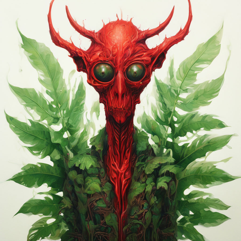 "Anthropomorphic red monster, large green leaves, horror, surrealism ...