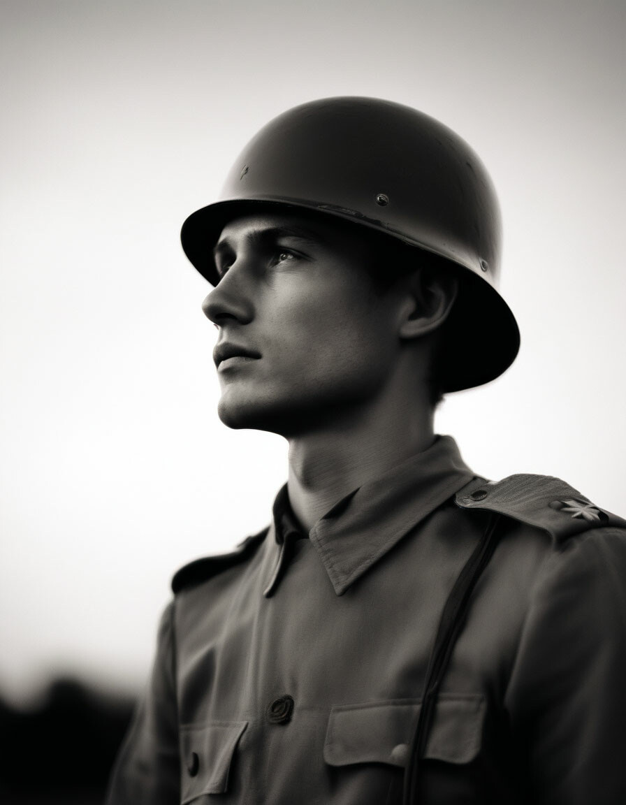 "A handsome guy looks at the sky, in a thin comfortable uniform, black ...