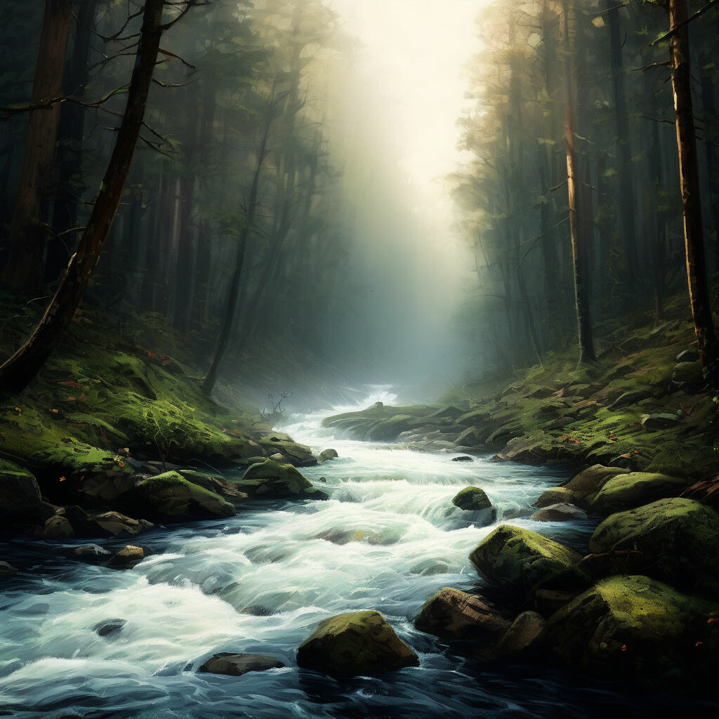 "Fast river of the forest" — image created in Shedevrum