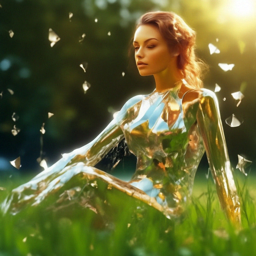 "🦁 beautiful woman with completely transparent glass body sitting in ...