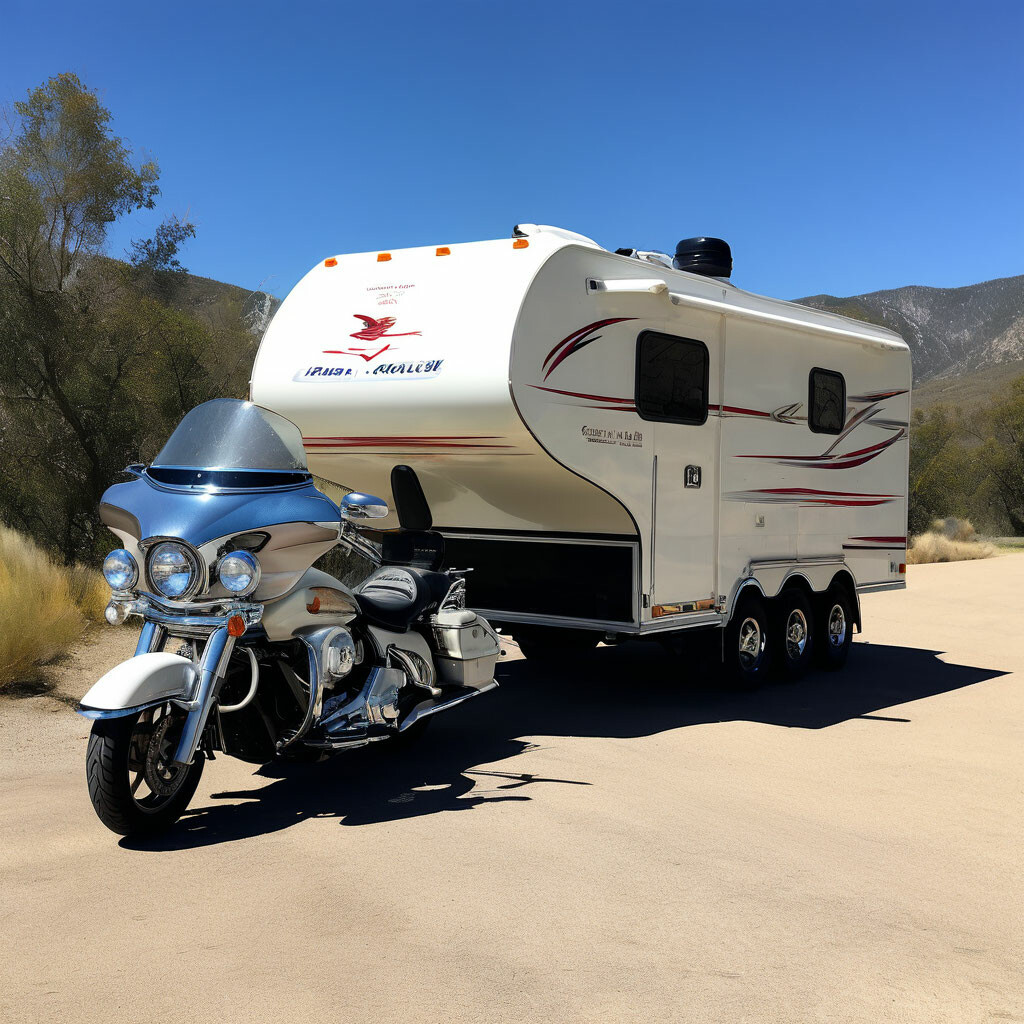 "Motorcycle plus 2-tier trailer-…" — image created in Shedevrum