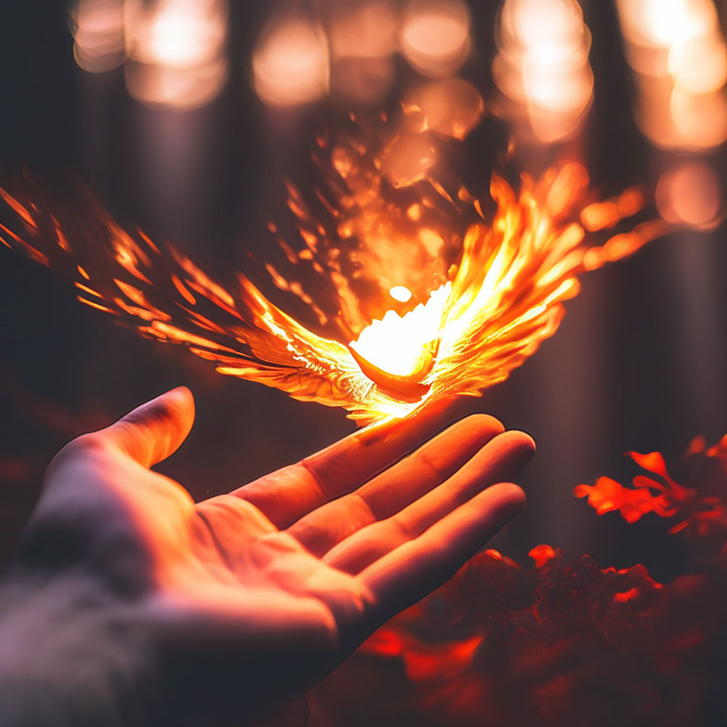 "Hand magic fire bird forest red photorealism, glow, macro, photo ...