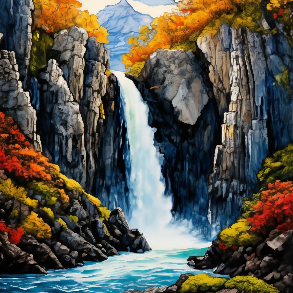 "Landscape with beautiful high waterfalls, splashes of water, drawing ...