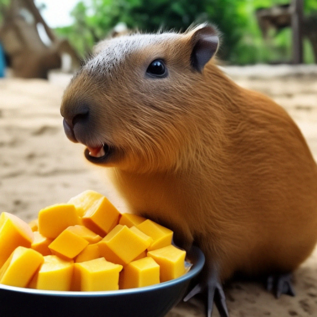 "Capybara eats mango🥭" — image created in Shedevrum