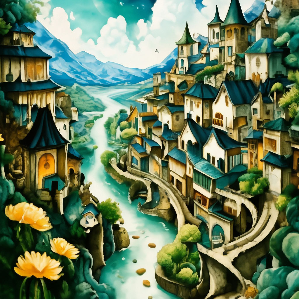 "Watercolor, drawing, white-mint-yellow world, bird's-eye view, dwarf ...