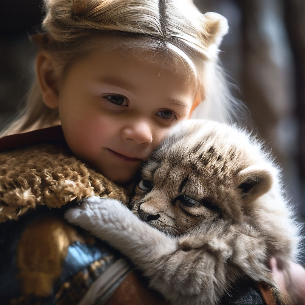 "Dwarf with a cub, hugging, , close-up, realistic, professional photo ...