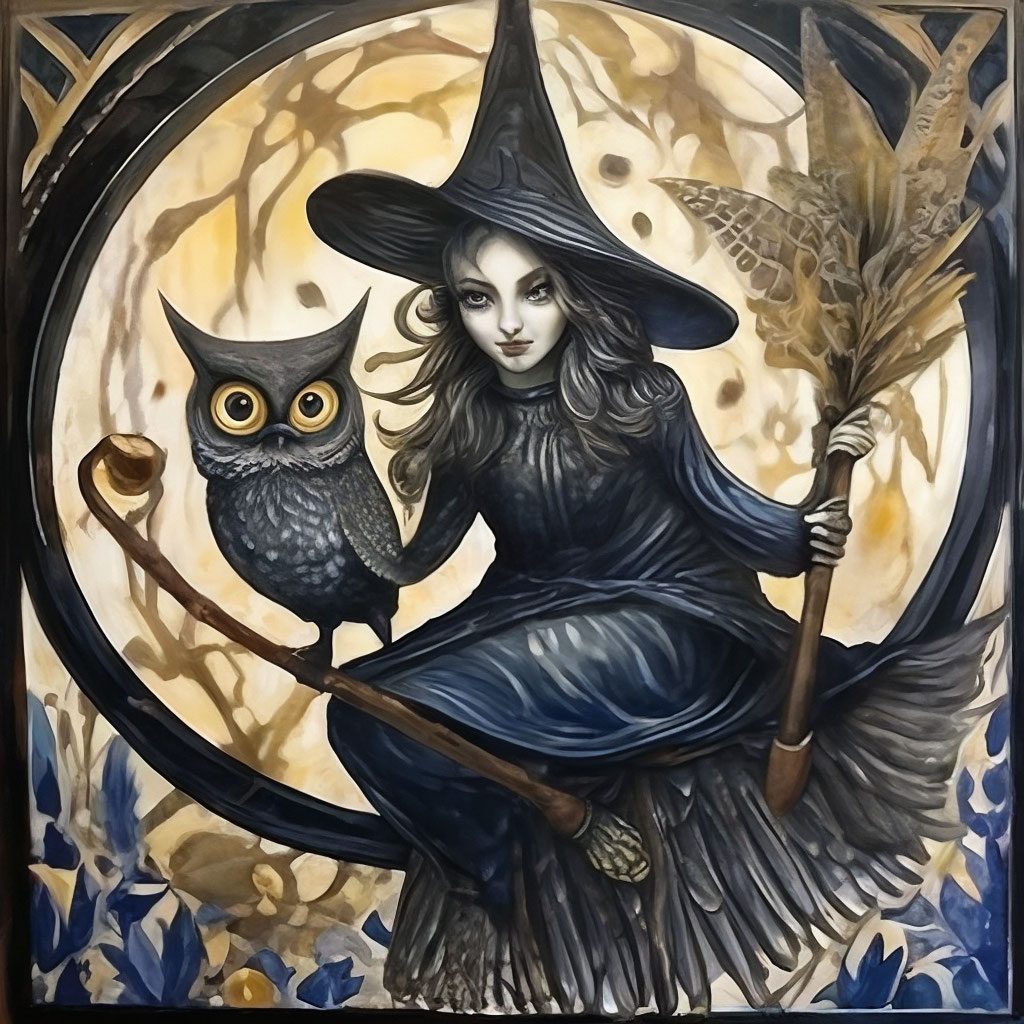 "A witch on a broom with a cat and an owl Grotesque. Surrealism is ...
