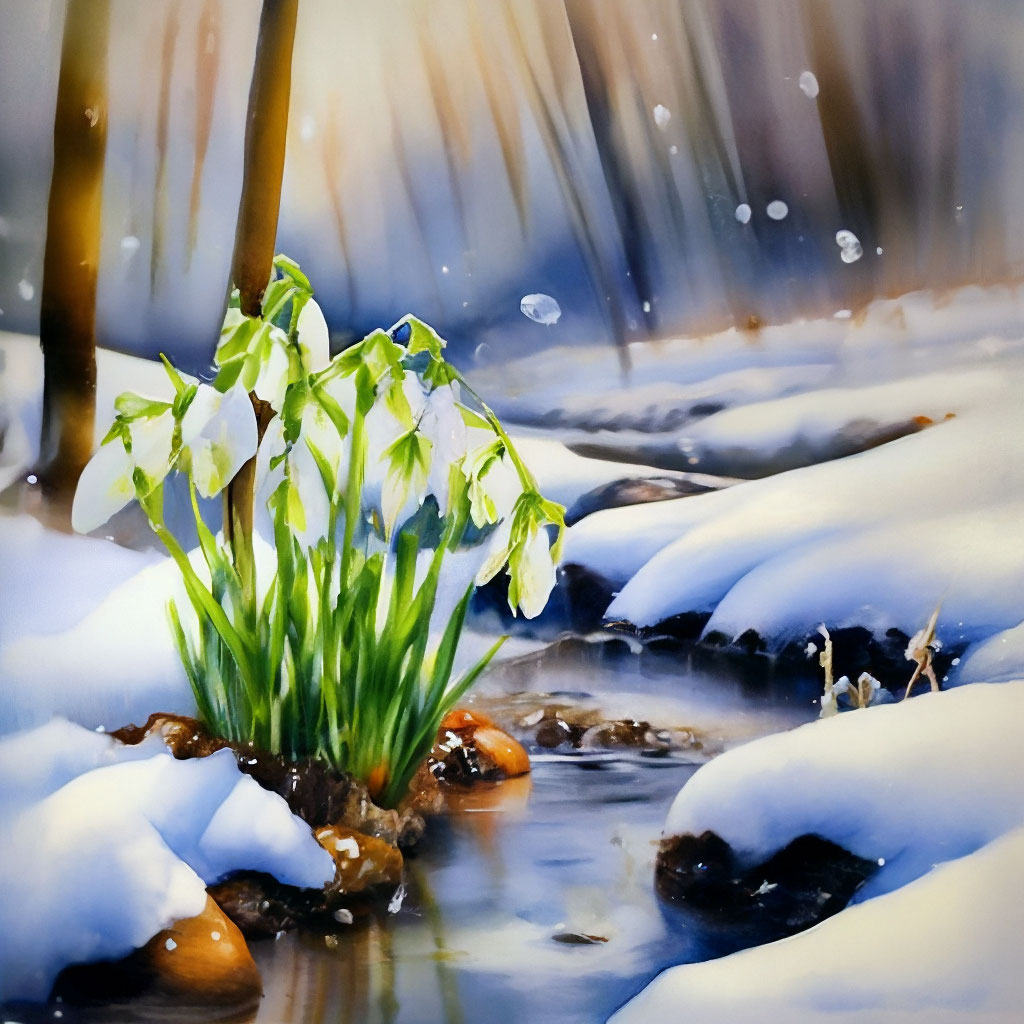 "March, snowdrops, snow, brook, watercolor" — image created in Shedevrum
