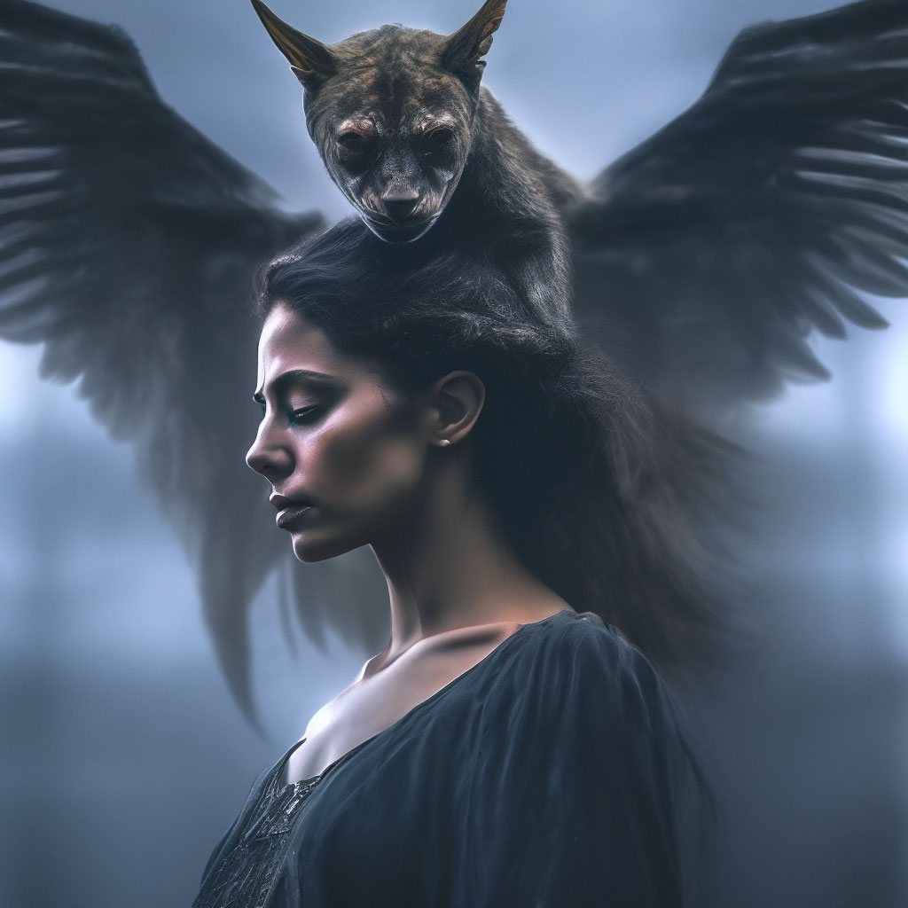 "K On the shoulder of a woman sits a small winged demon, mysticism ...