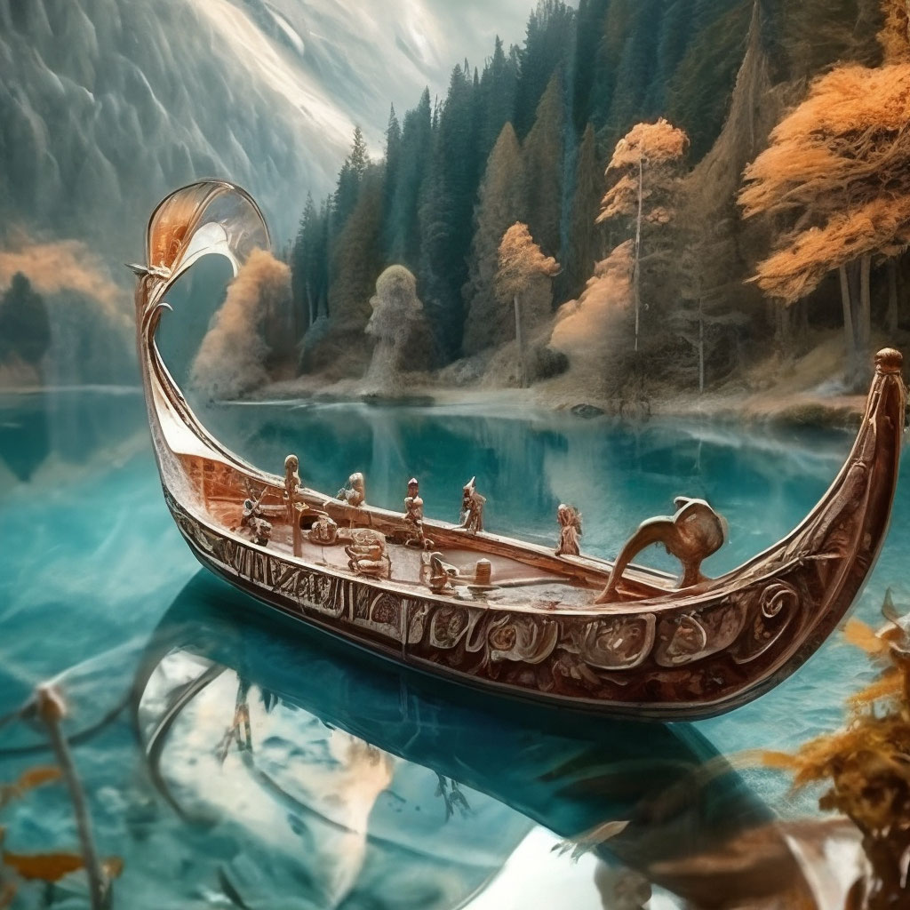 "A fabulously beautiful carved boat. A magical mountain Elven lake ...