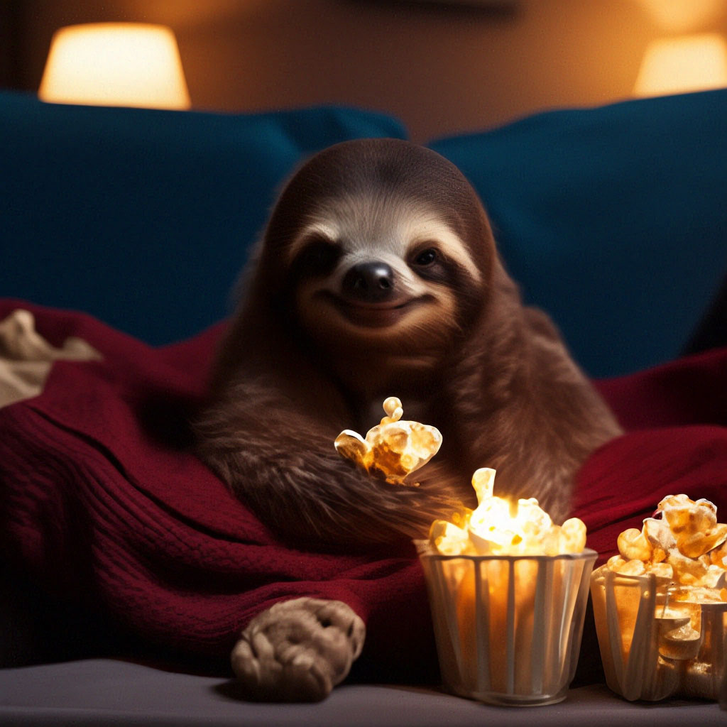 "A little sloth is lying on the couch and eating popcorn watching TV ...