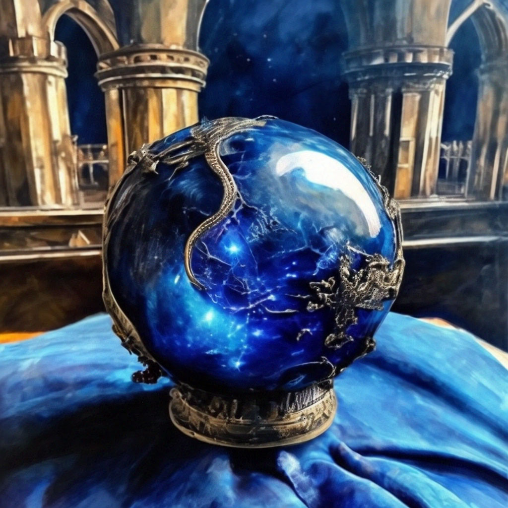 "Palantir, luminous magic ball sphere lies on a piece of dark blue ...