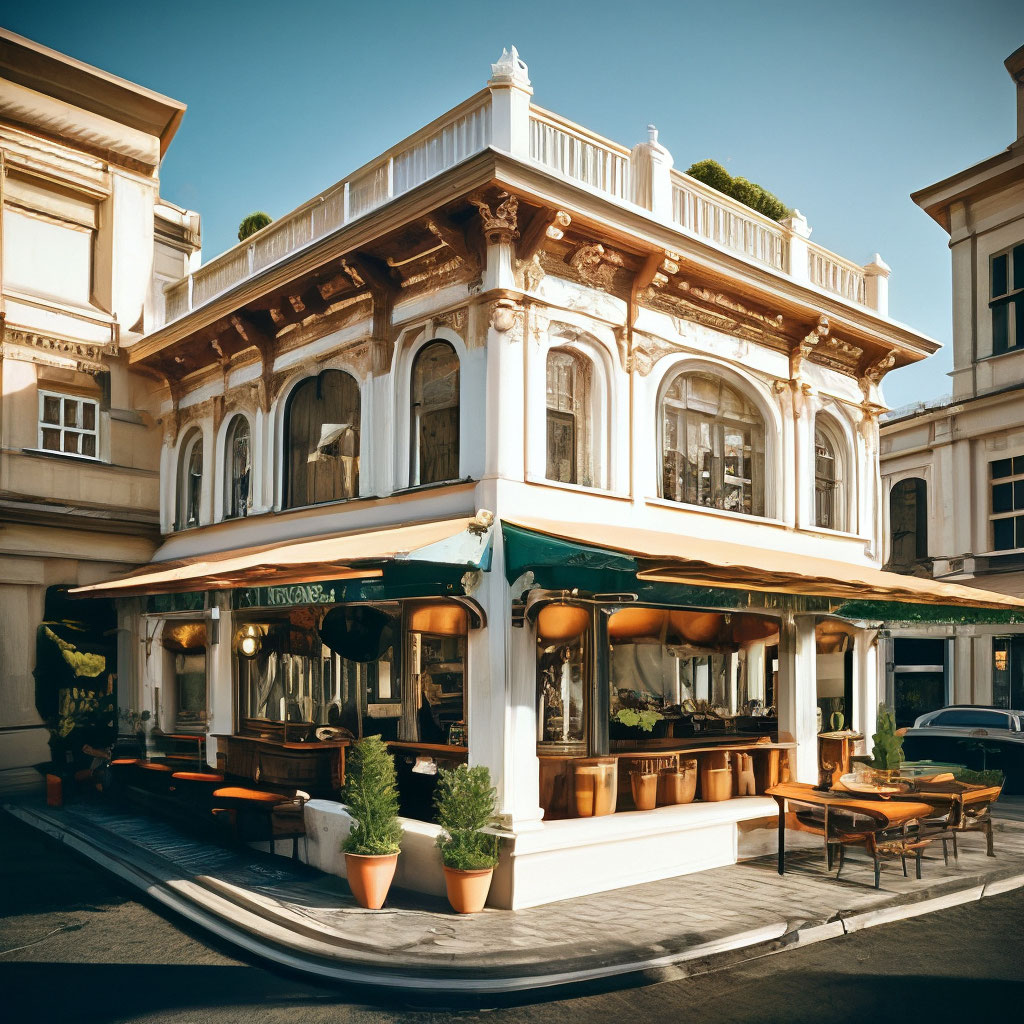 "One-story cafe building" — image created in Shedevrum