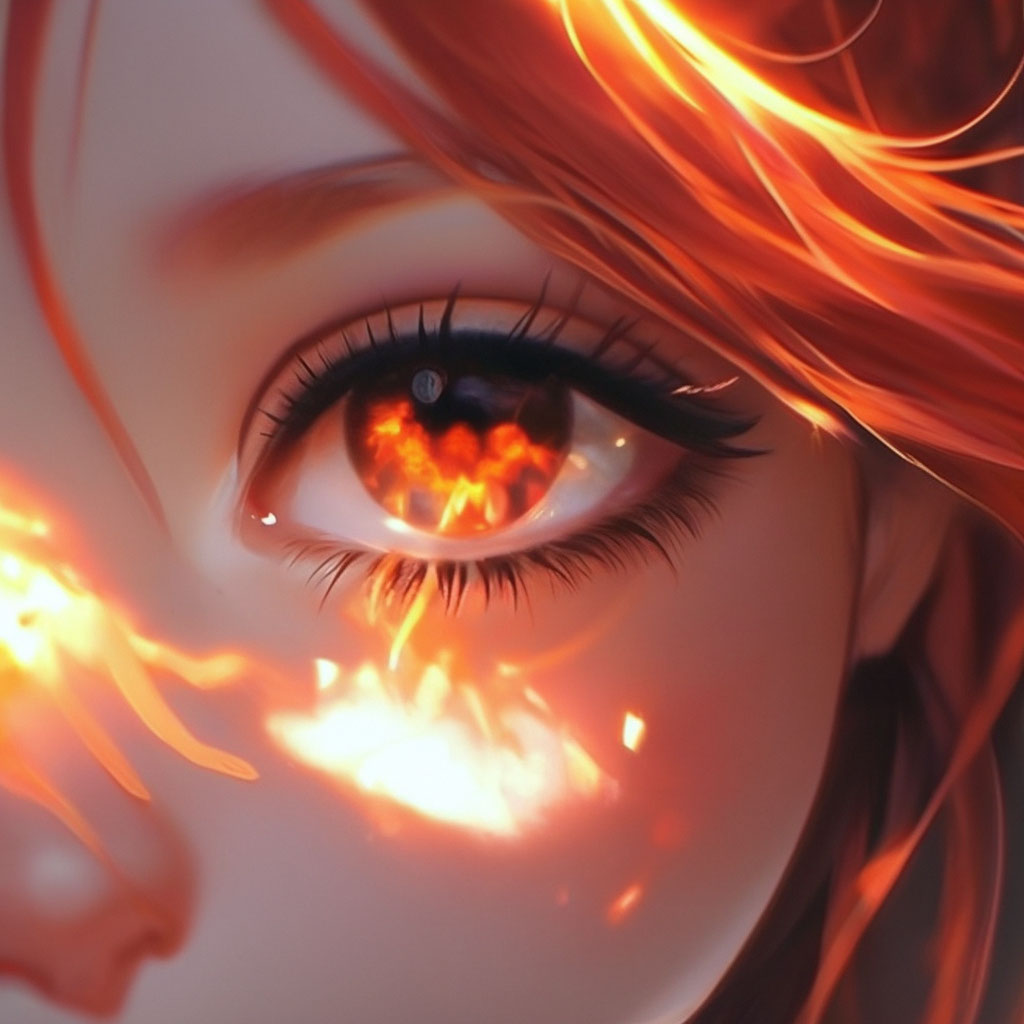 "A big beautiful eye with eyelashes of fire a little bit of fire lights ...