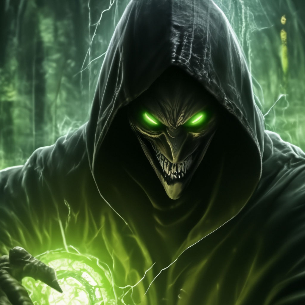 "Master of nightmares, evil sorcery, big claws, hood, long fangs, evil ...