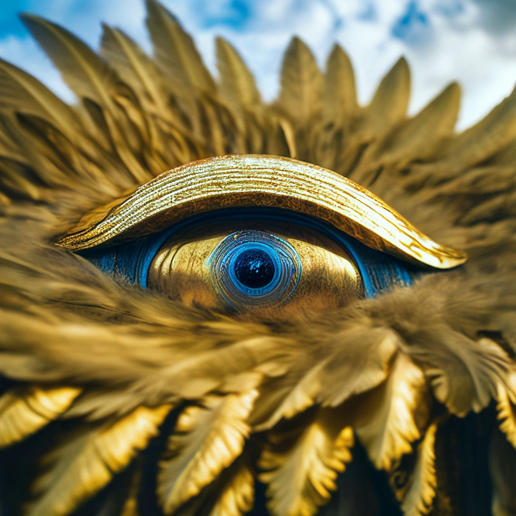 "A large round alien eye, shrouded in golden feathers of gold, in the ...