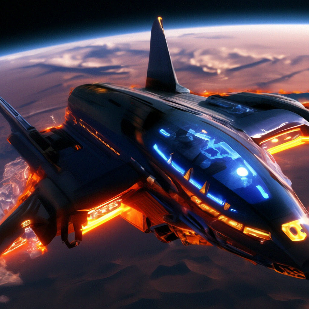 "Futuristic space plane blazing with plasma from the inside, the glow ...