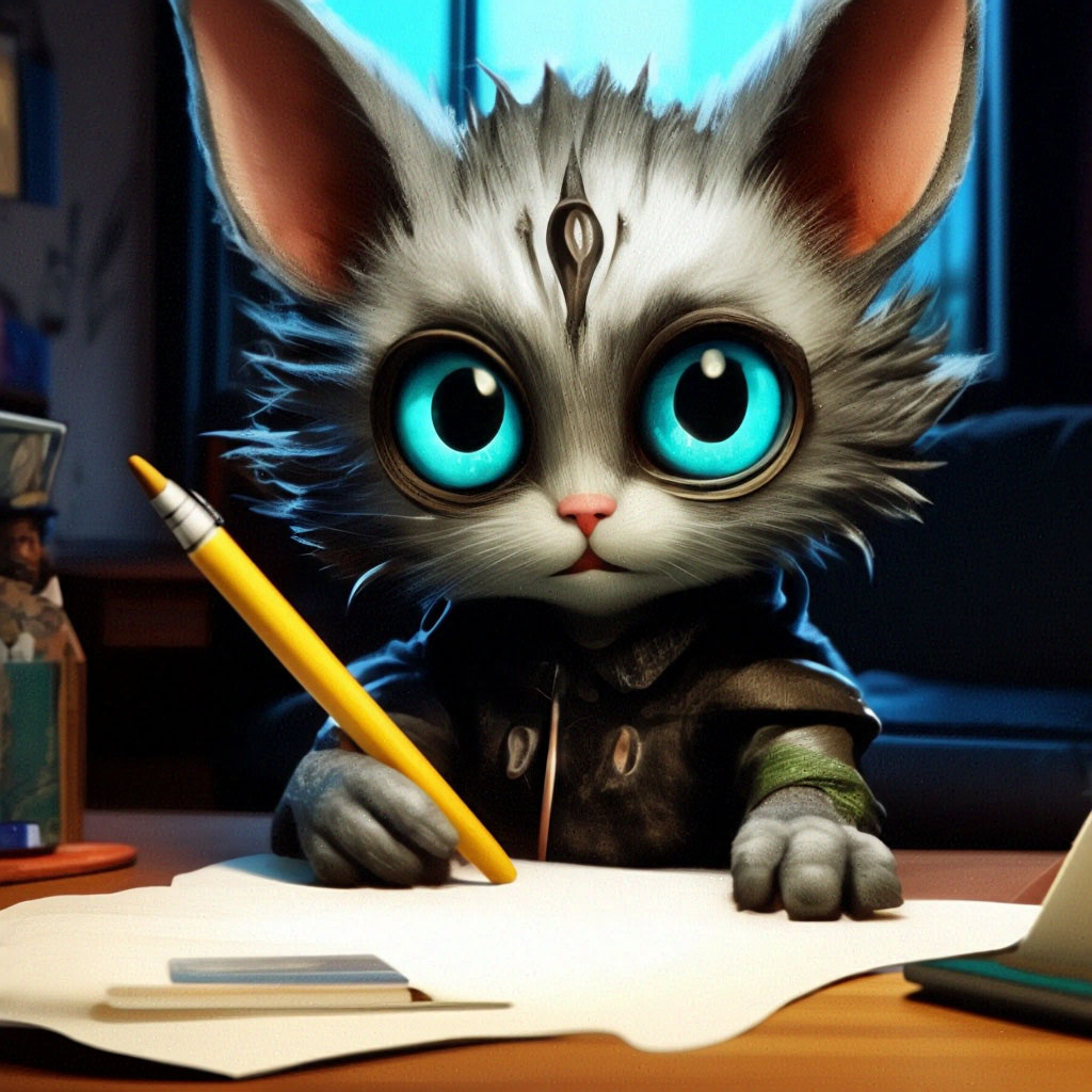 "Cute bug-eyed cat with big eyelashes, making a drawing at home ...