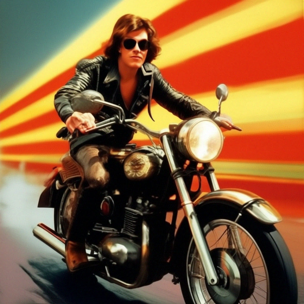 "Groovy motorcycle ads from the past" — image created in Shedevrum