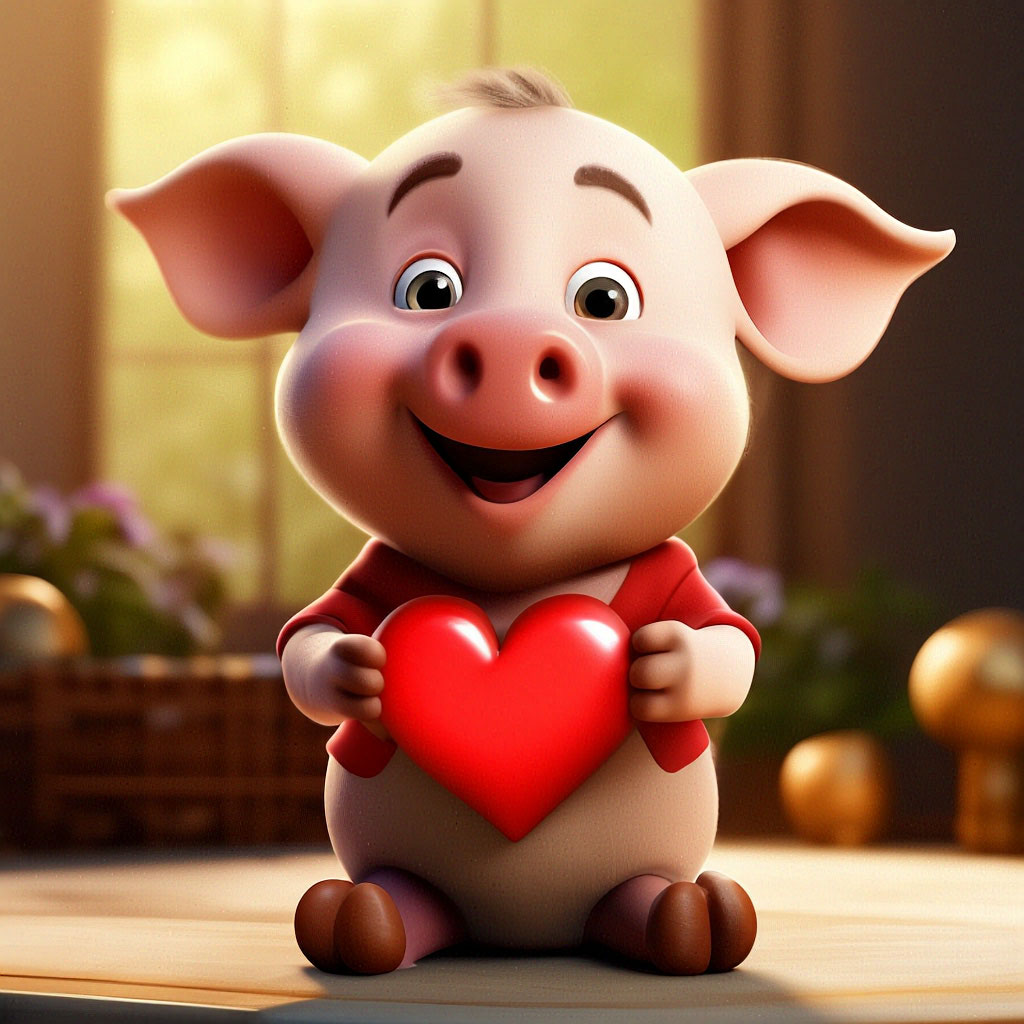 "A cartoon piglet with a heart in his …" — image created in Shedevrum