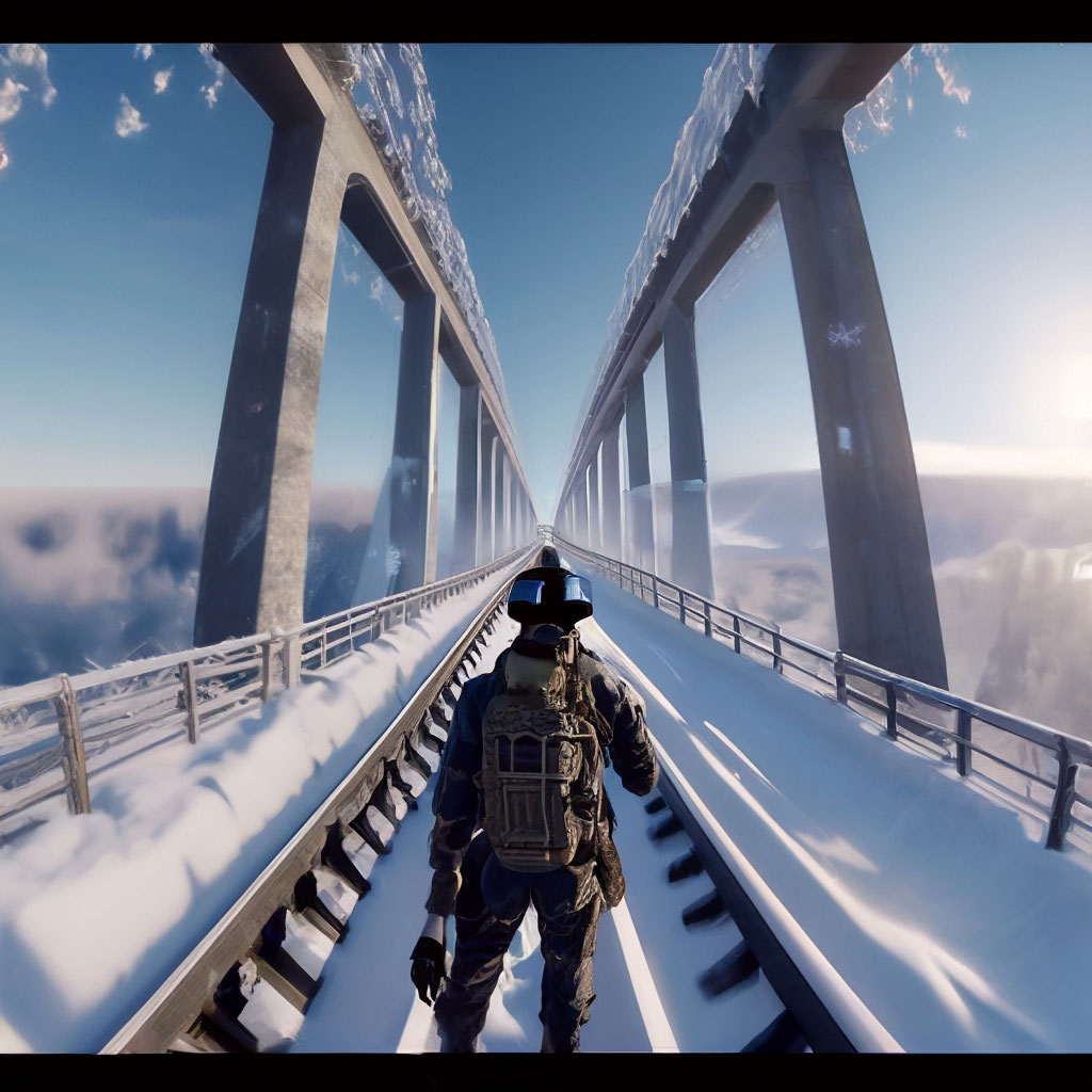 "First-person view, icy winter, a tall…" — image created in Shedevrum
