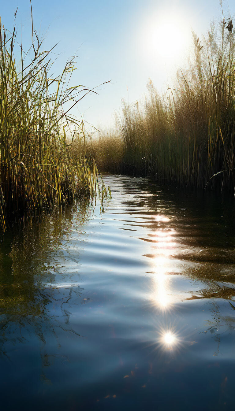 "Dive into the river from a steep bank, river, shore, reeds, ragose ...
