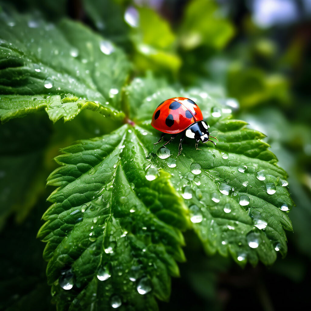 "Wide frame, studio digital photo, ladybug on a currant leaf, berries ...