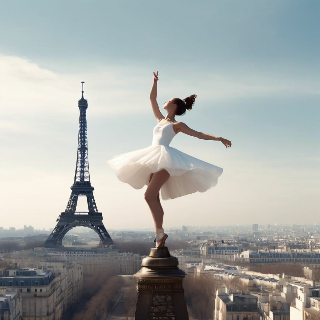 "A ballerina dances on the Eiffel Tower. Surrealism. clear lines." — image created in Shedevrum