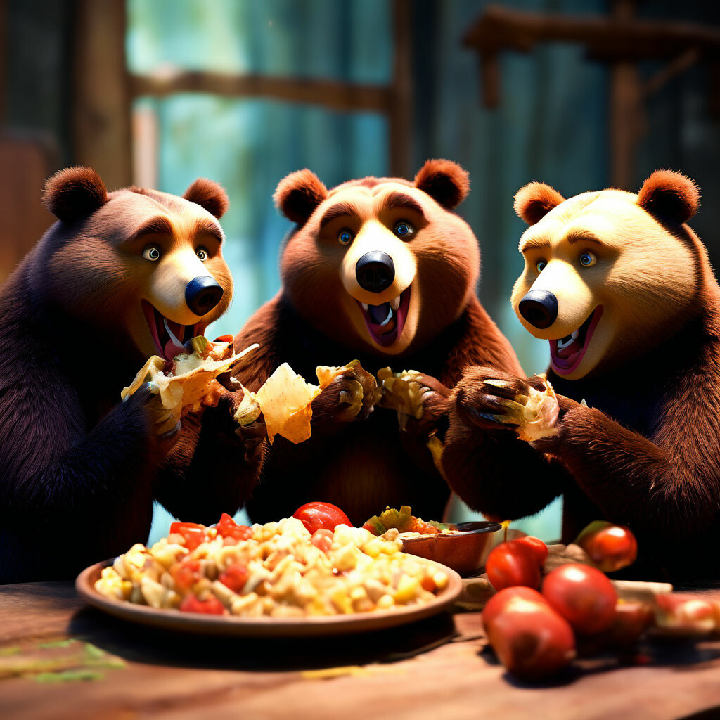 "Three bears are eating Masha" — image created in Shedevrum
