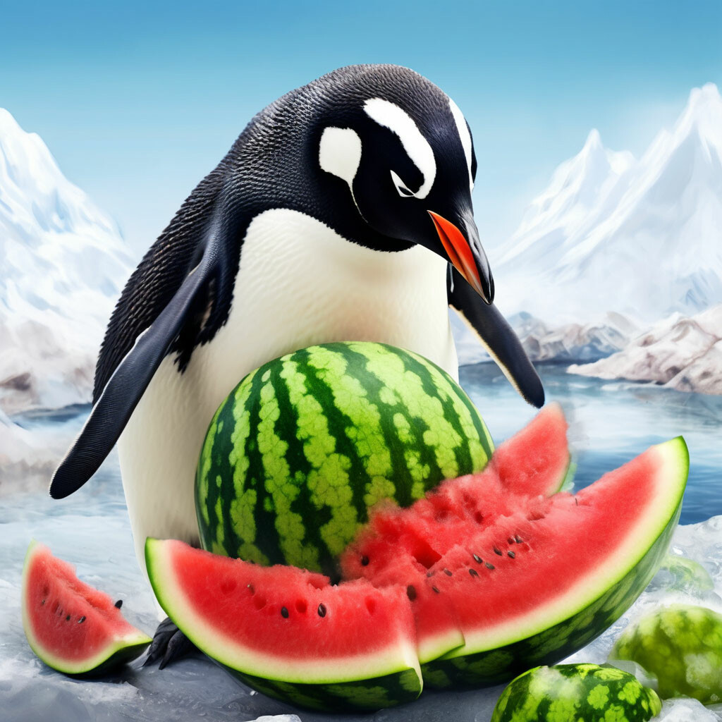 "Penguins eat watermelons" — image created in Shedevrum