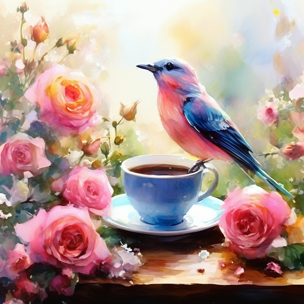 "Good morning! art morning dawn a blooming garden on the table a cup of ...