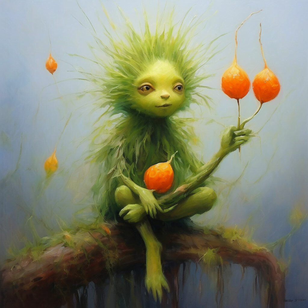 "A grass creature with a sprig of …" — image created in Shedevrum