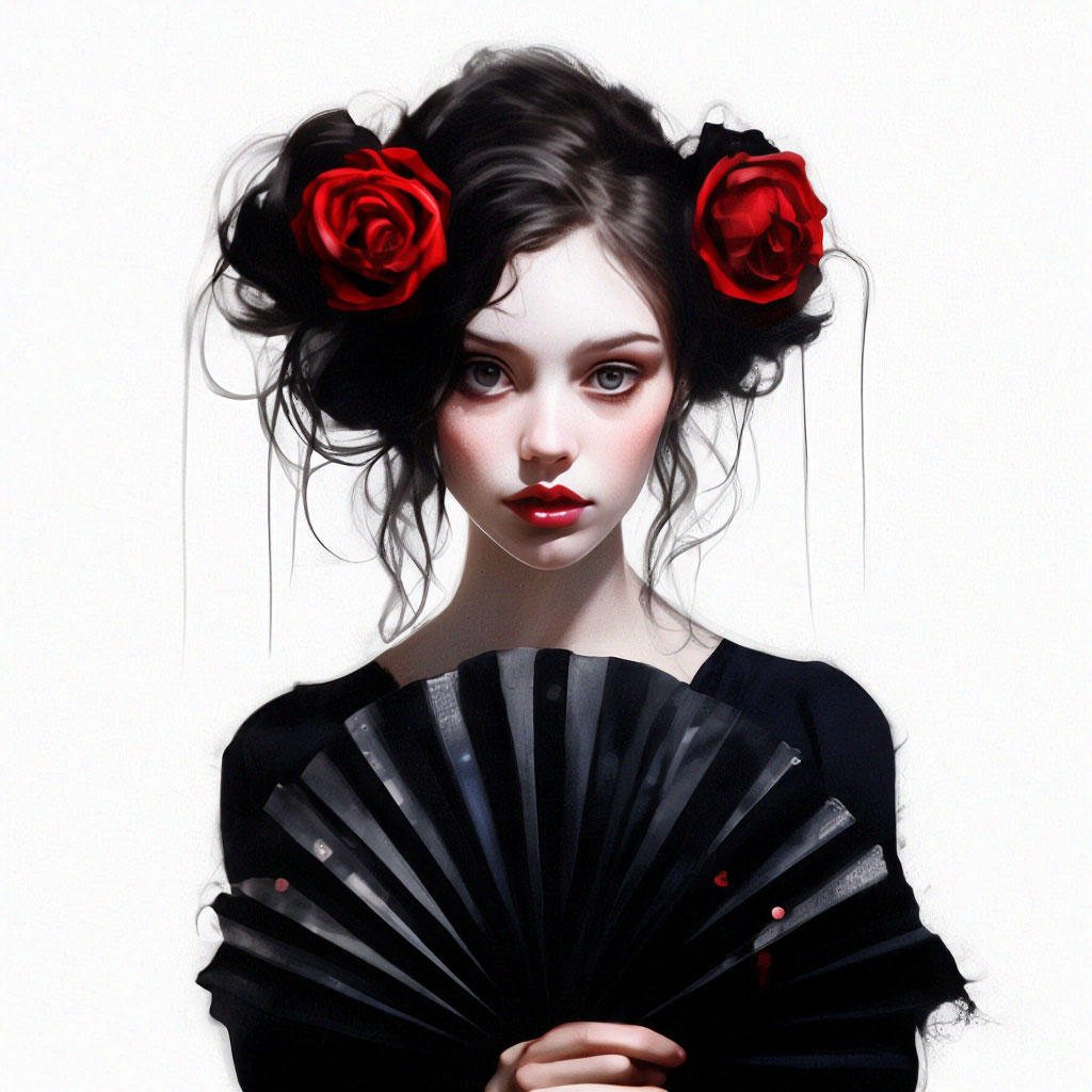 "Portrait on a white background of Agnes Cecile, a girl with red roses ...