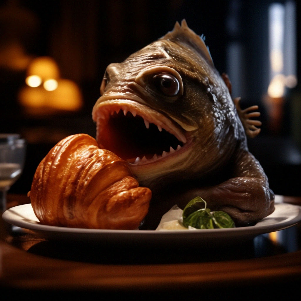 "A mutant fish eats a croissant 🥐 Anthropomorphic mutant fish eats a ...