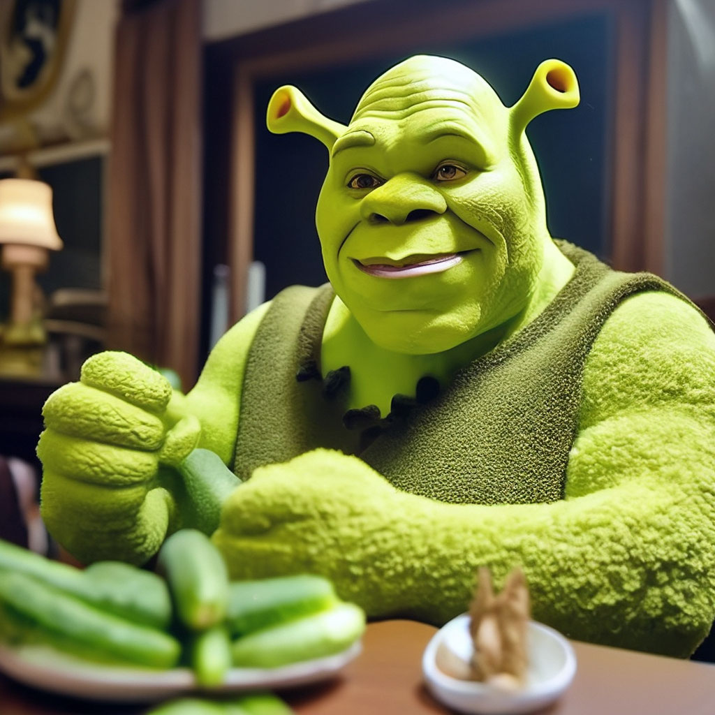 "Crinkly Shrek eats a cucumber on camera" — image created in Shedevrum