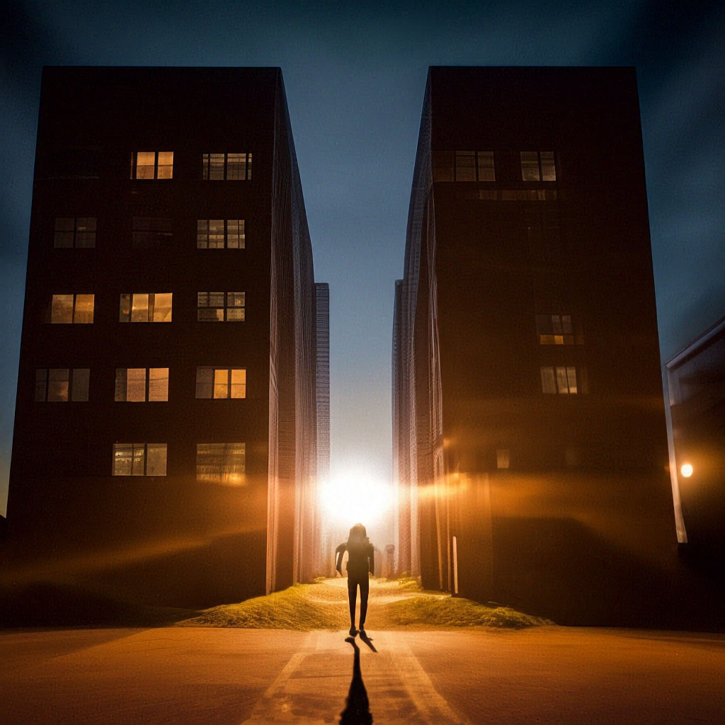 "Two blocks down" — image created in Shedevrum